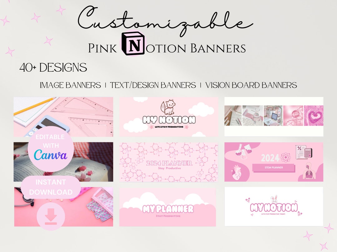 Pink Student Notion Covers, Aesthetic Notion Banners, Canva Editable ...