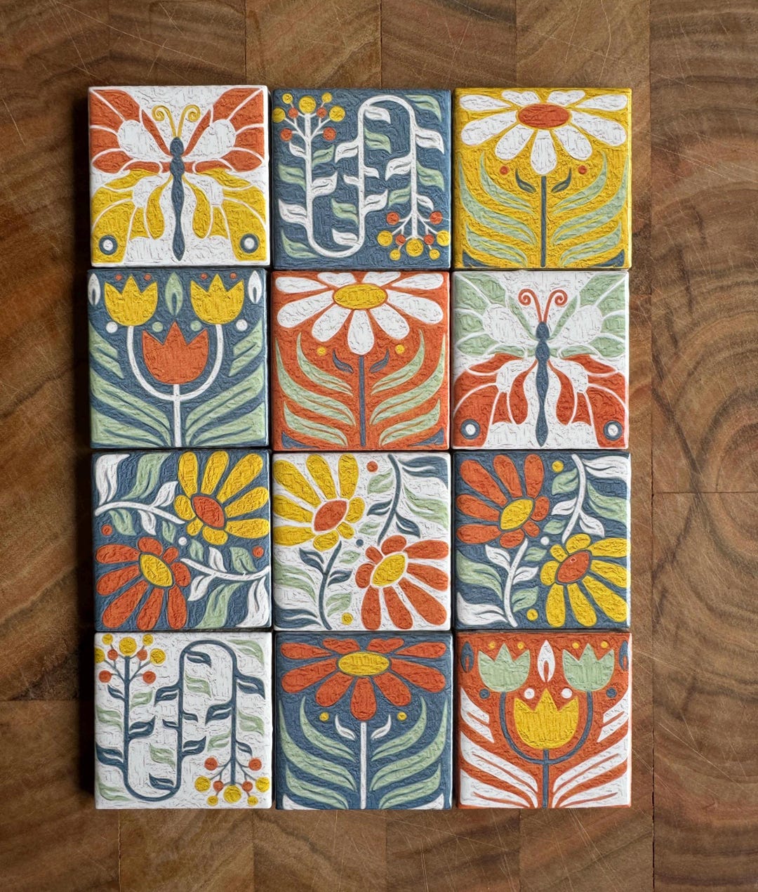 Scandi Mosaic Tiles in Folk Art Style, Scandinavian Floral Tiles, Set ...