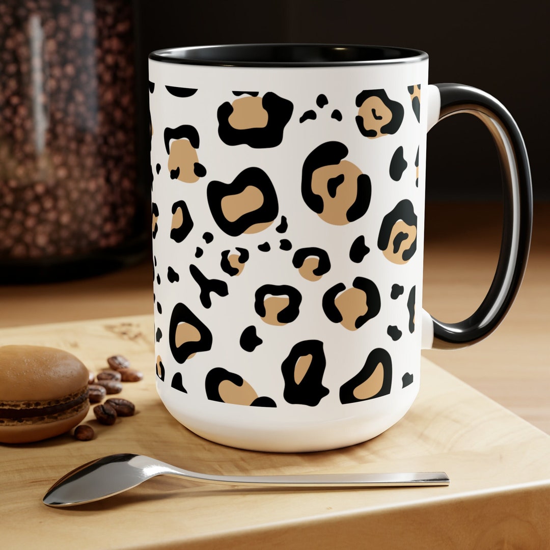 Leopard Pattern Two-tone Coffee Mugs, 15oz Animal Pattern Ceramic Cup ...