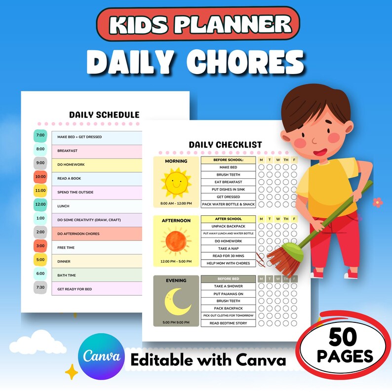 Kids Daily Chores Planner Printable Routine Tracker Editable Kids Chore ...