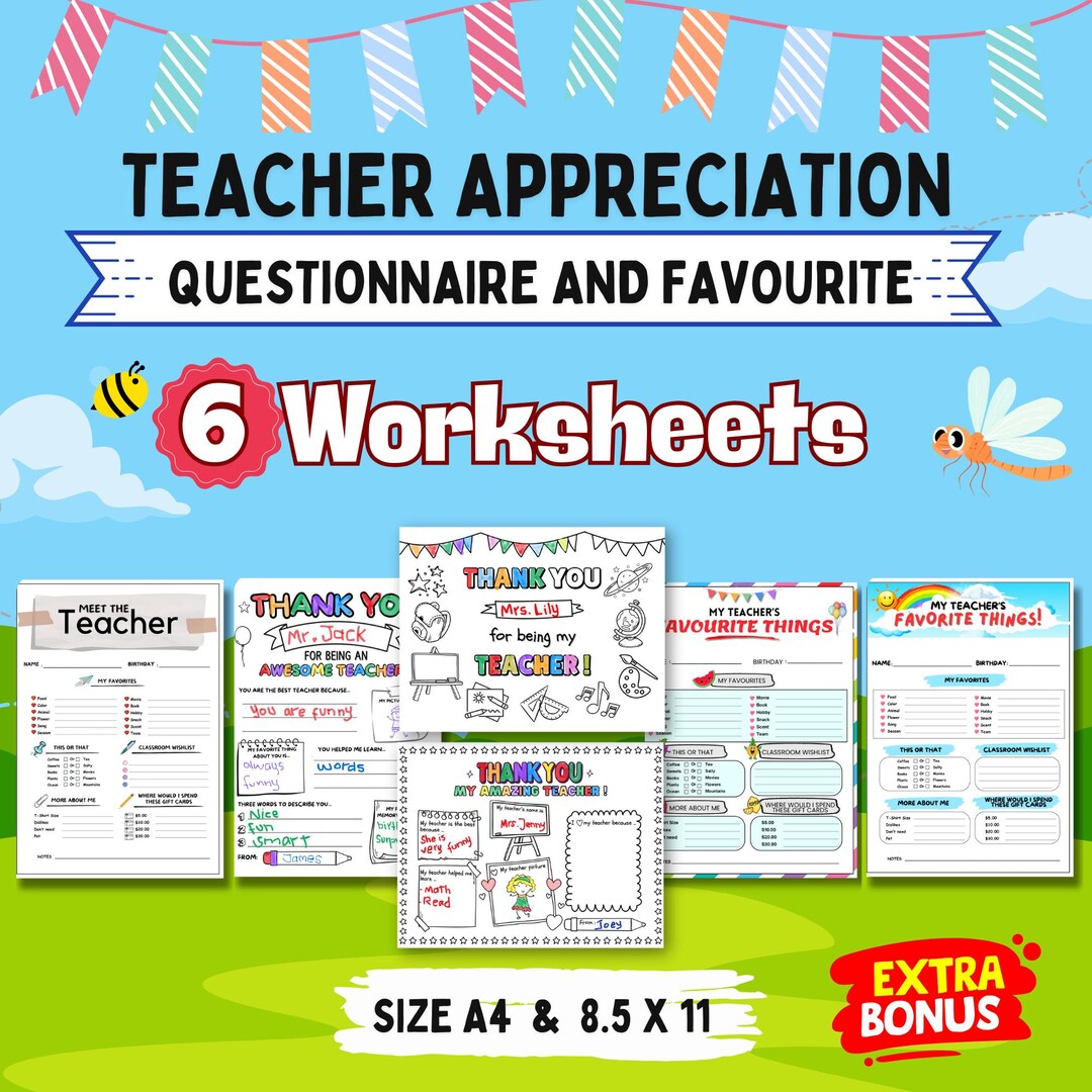 Teacher Appreciation Questionnaire Printable | 6 Worksheet Set ...