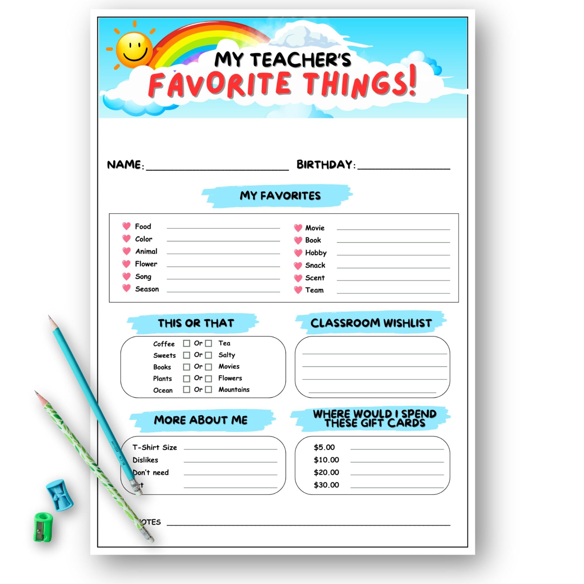 Teacher Favorite Things Printable Questionnaire Quiz My Teacher Survey ...