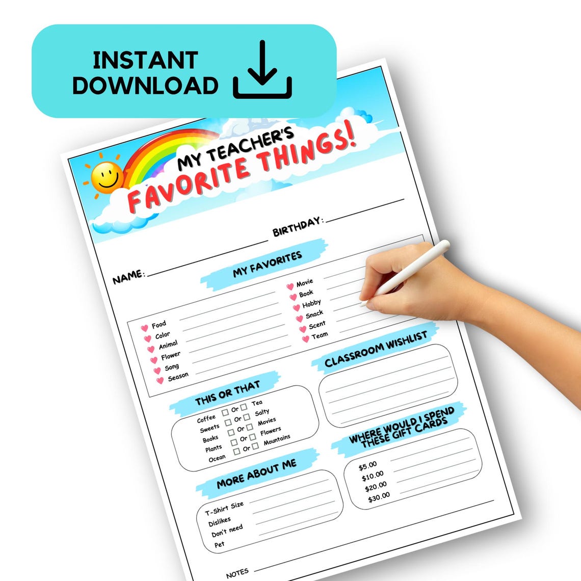 Teacher Favorite Things Printable Questionnaire Quiz My Teacher Survey ...