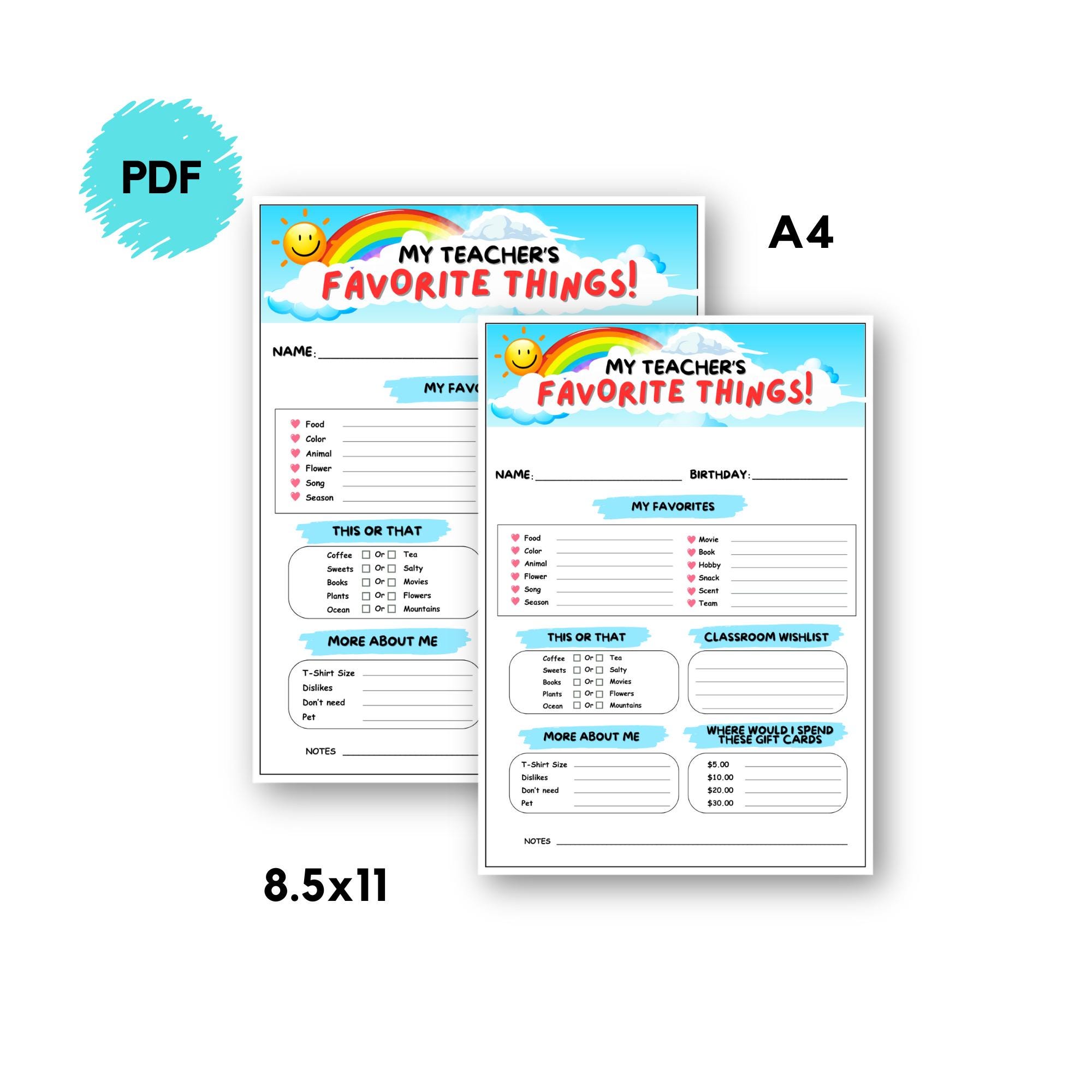Teacher Favorite Things Printable Questionnaire Quiz My Teacher Survey ...