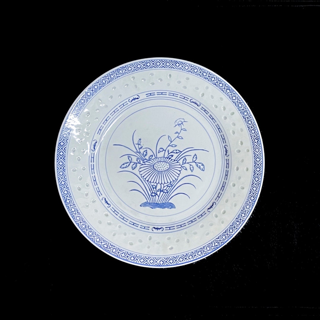Vintage Jingdezhen Rice Pattern Plate: Blue and White Floral Porcelain ...
