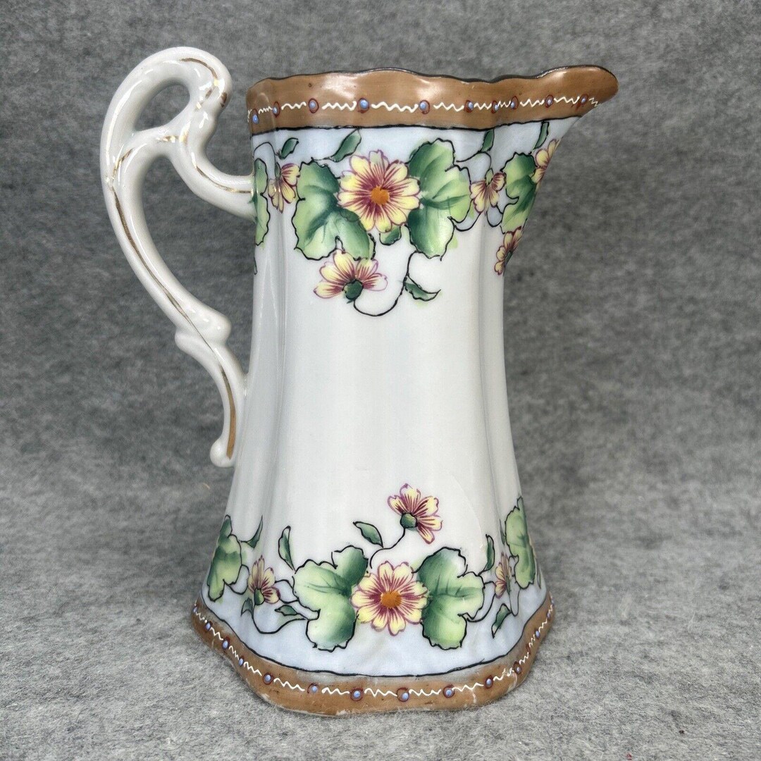 ANTIQ NIPPON Hand Painted Pitcher 7.5" Floral/raised Beaded Detail ...