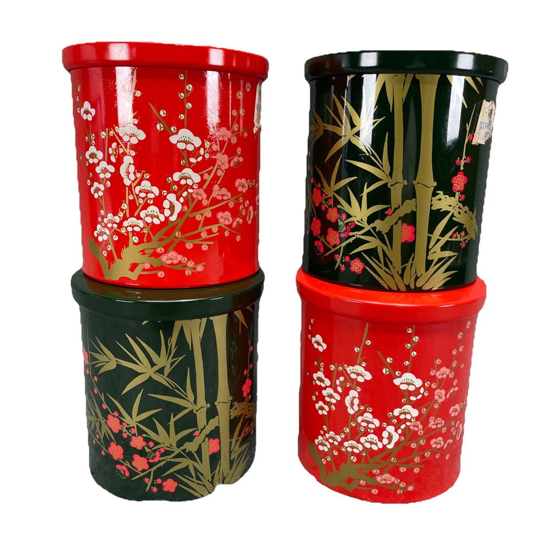 Vintage Japanese Tea Canisters: Metal Tins With Bamboo & Blossoms, Set ...
