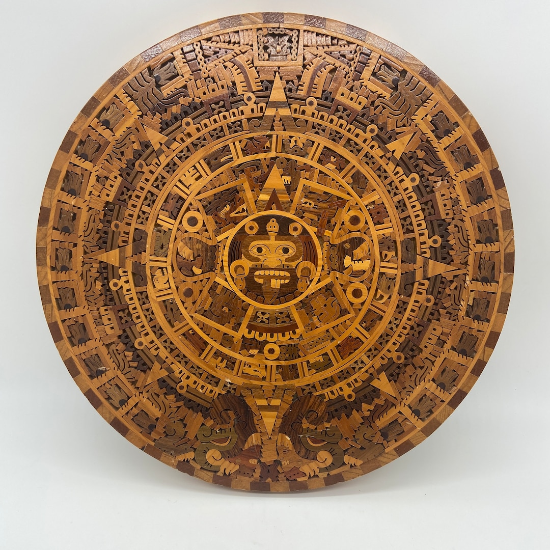 Aztec Mayan Inlaid Mosaic Wood Calendar, Alfonso Jurado E Hijos Wooden ...
