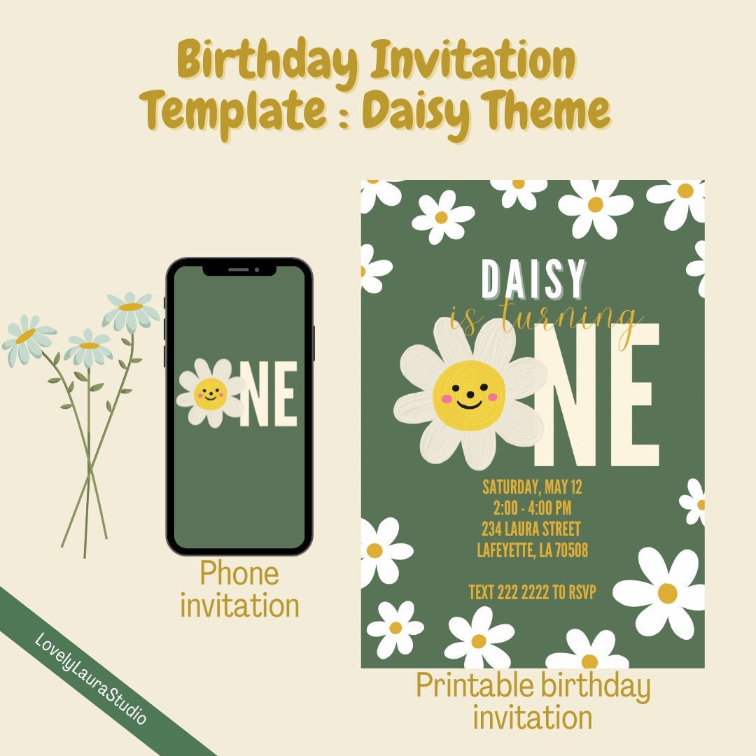 Editable Daisy First Birthday Invitation, Girl Daisy Birthday Invite ...
