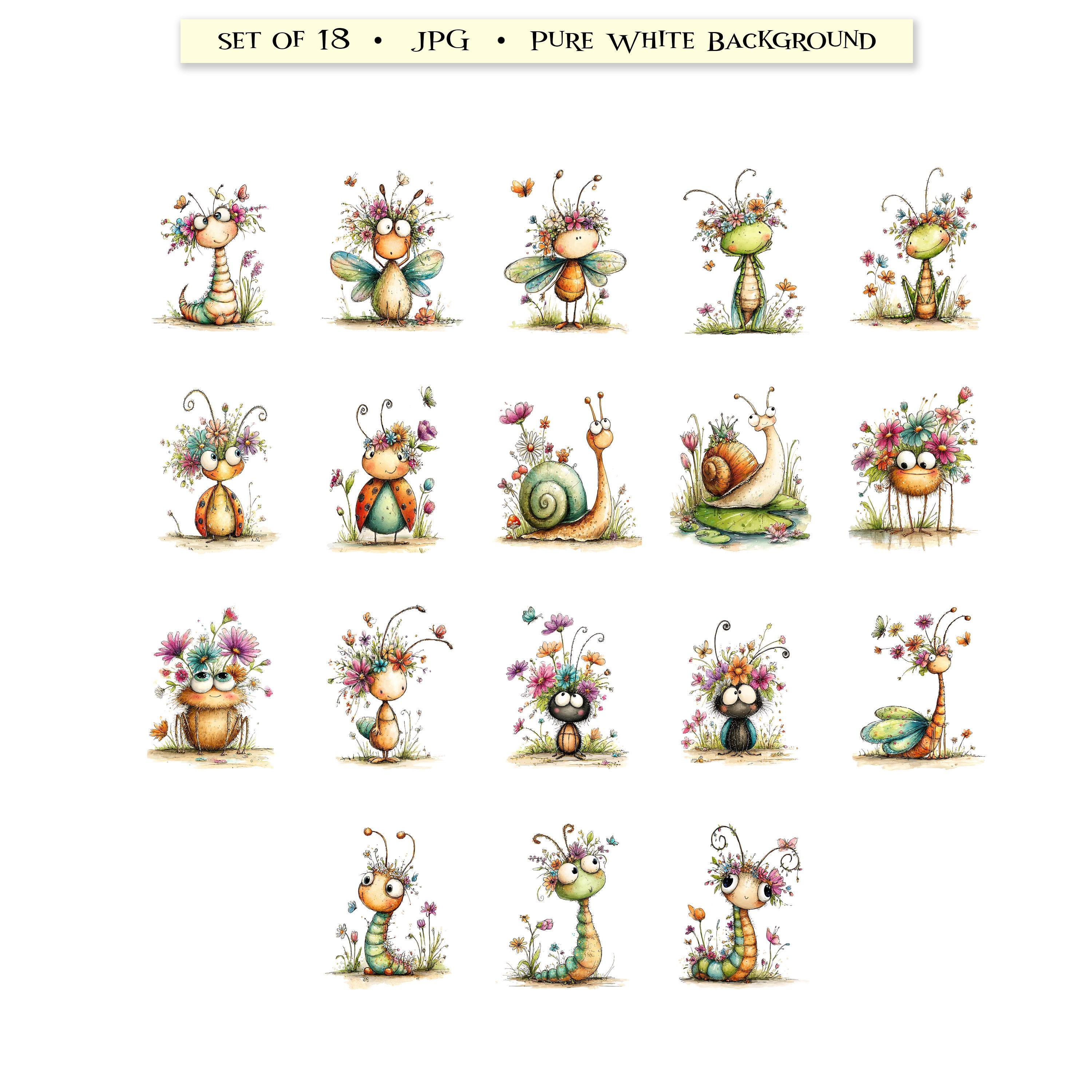 Whimsical Garden Bugs Clipart: 18 JPG Funny Insects, White Background ...
