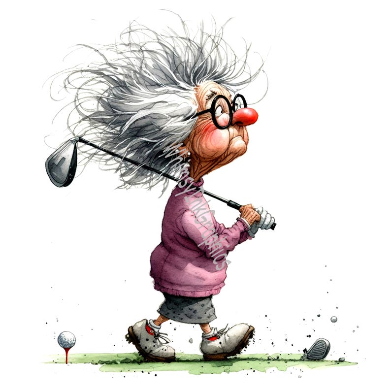 Funny Old Lady Golfers Clip Art, Whimsical Senior Golfer Graphics ...