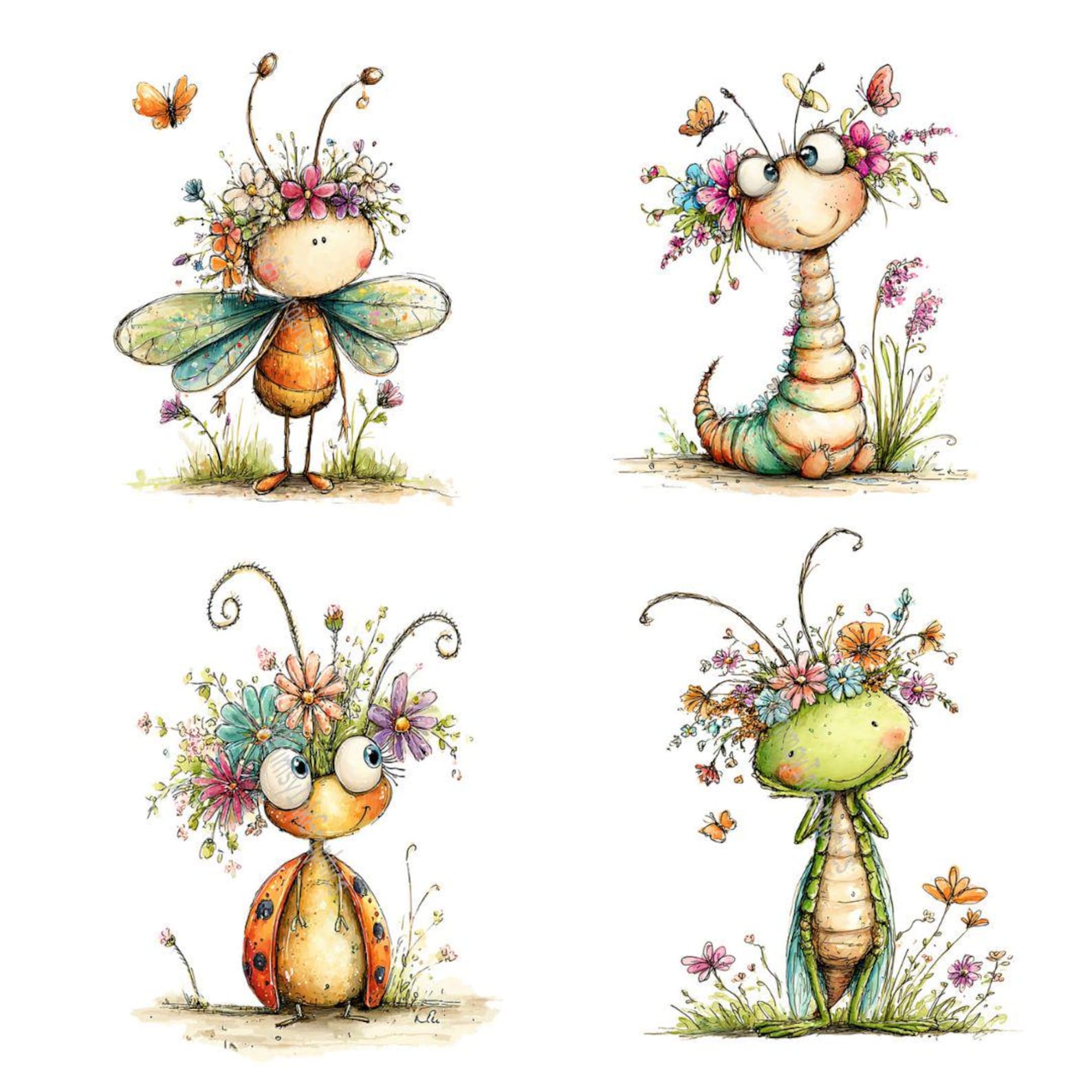 Whimsical Garden Bugs Clipart: 18 JPG Funny Insects, White Background ...