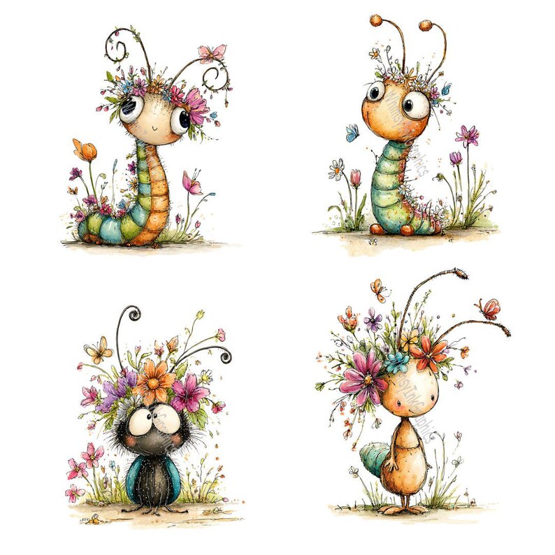 Whimsical Garden Bugs Clipart: 18 JPG Funny Insects, White Background ...