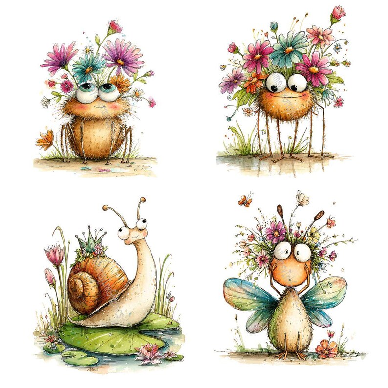 Whimsical Garden Bugs Clipart: 18 JPG Funny Insects, White Background ...