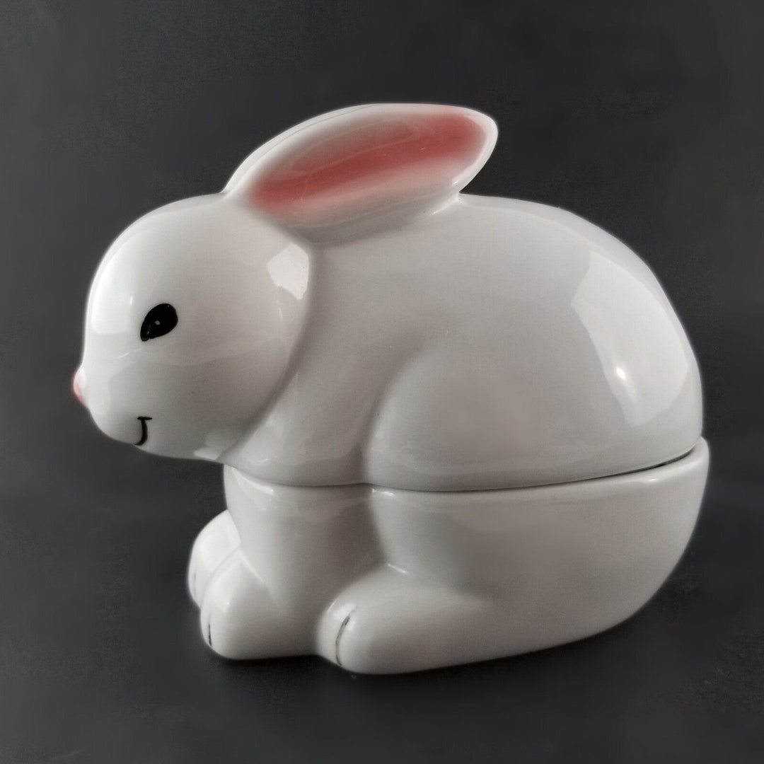 Vintage Ceramic Rabbit Trinket Dish Figurine and Cotton Ball Dispenser ...