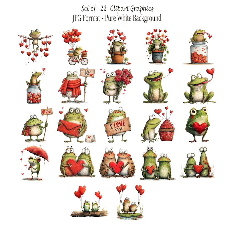 Funny Frog Valentine Clipart: Love Hearts Graphics (digital Download ...