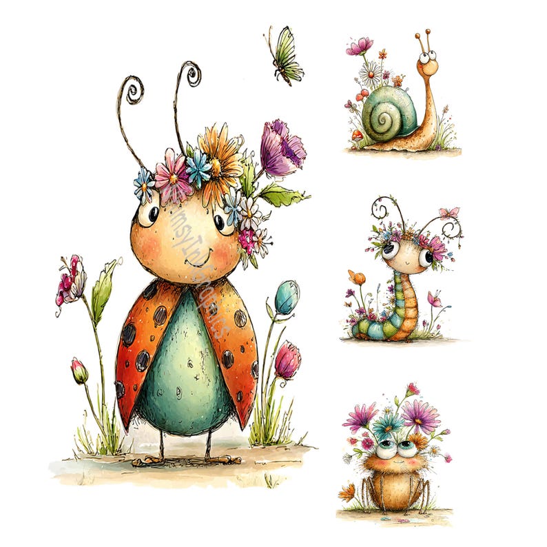 Whimsical Garden Bugs Clipart: 18 JPG Funny Insects, White Background ...
