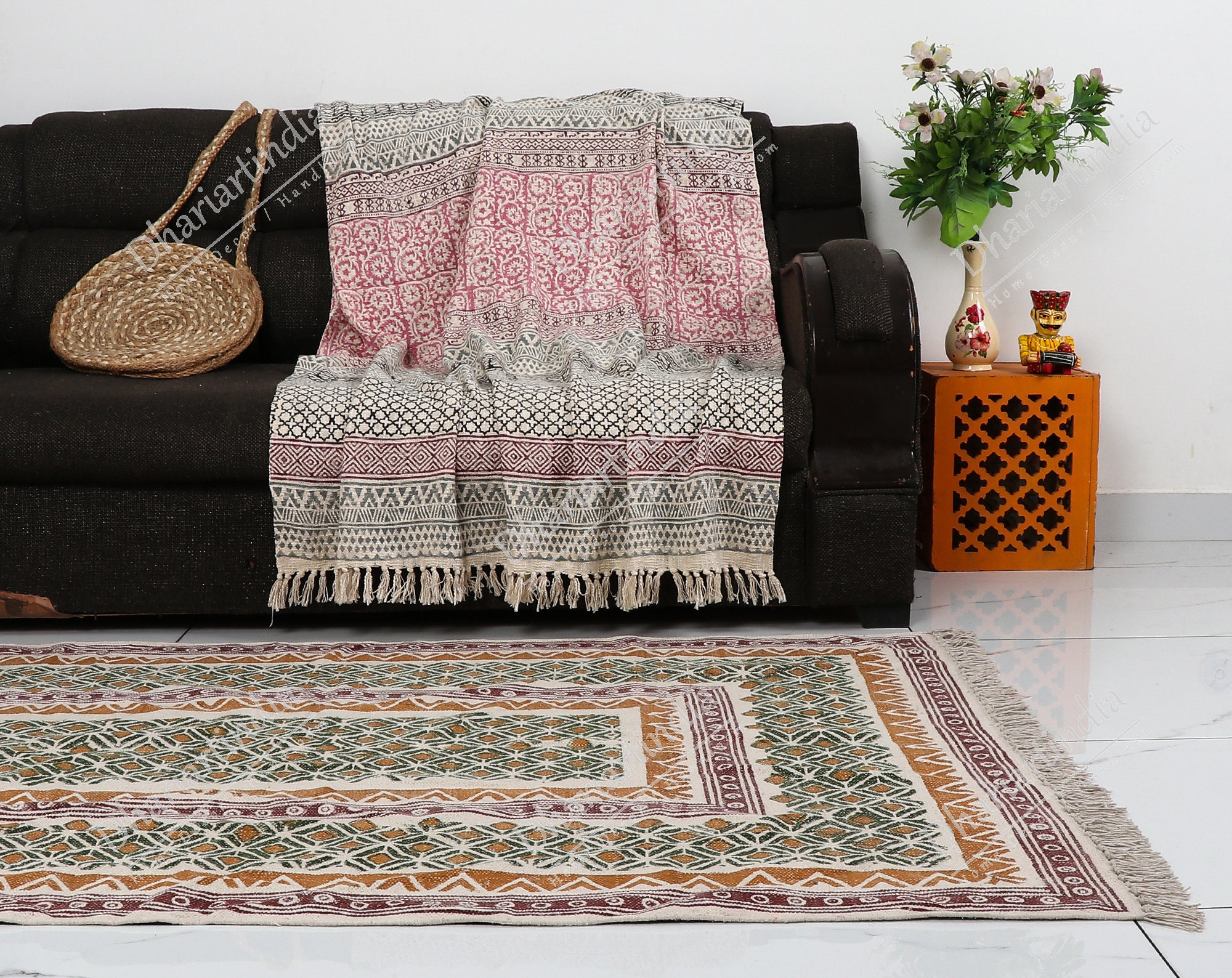 Hand Block Print Cotton Rug Dhurrie, Indian Boho Rug, Rugs for Living ...