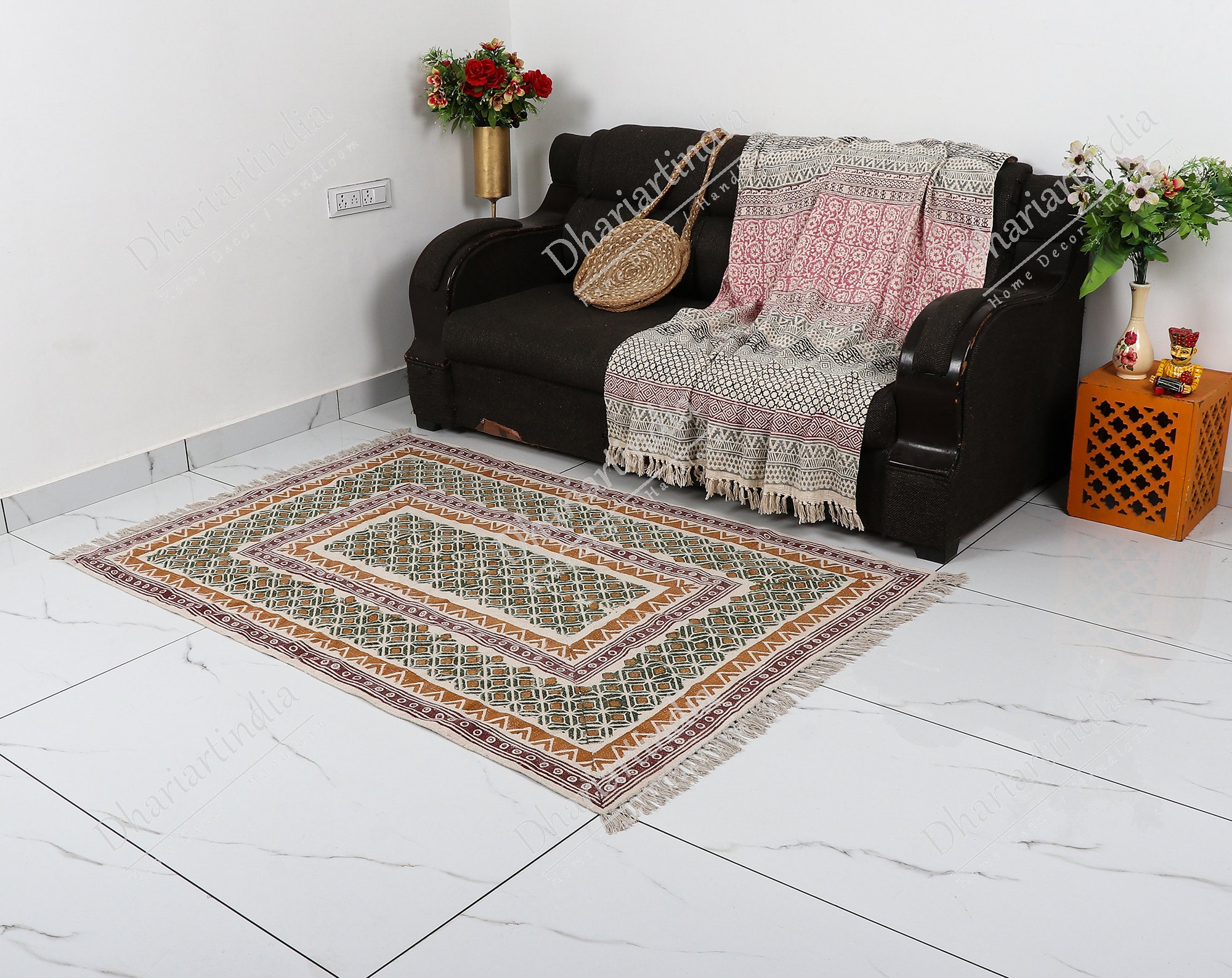 Hand Block Print Cotton Rug Dhurrie, Indian Boho Rug, Rugs for Living ...