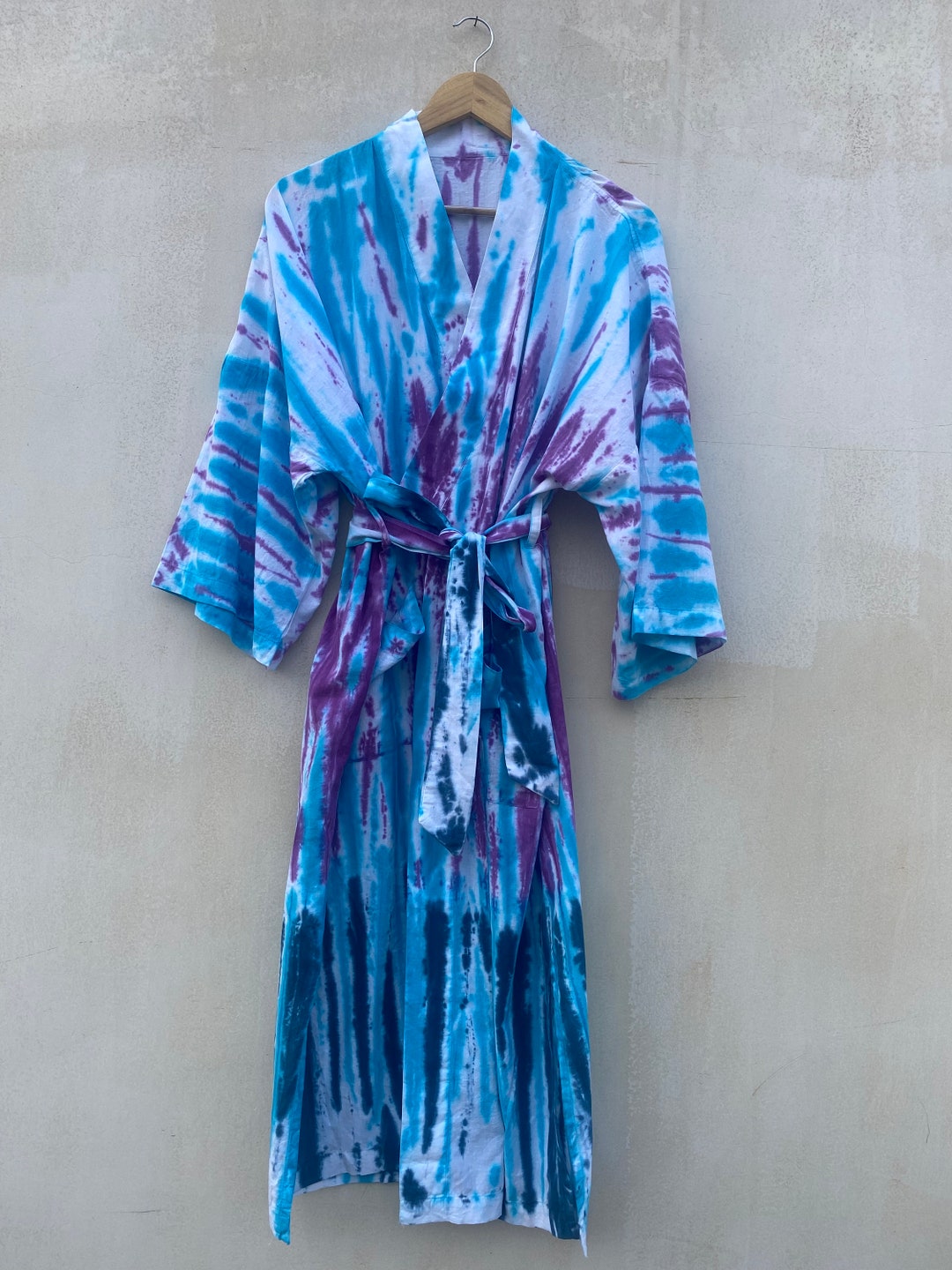 Elegant Tie -dye Long Bathrobe With Belt & Pockets - 2 Color ...