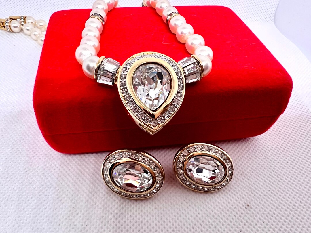 Swarovski Signed SAL Crystal & Pearl Necklace Earrings Set, Clear ...