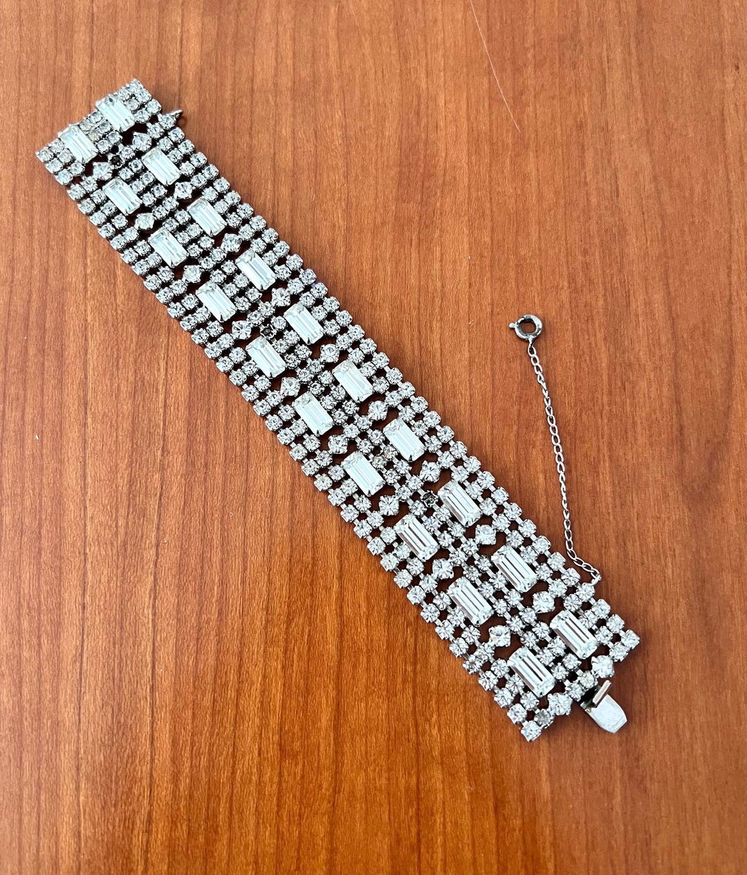 Vintage Icy Rhinestone Eight Row Extra Wide Wrap Bracelet With Safety ...