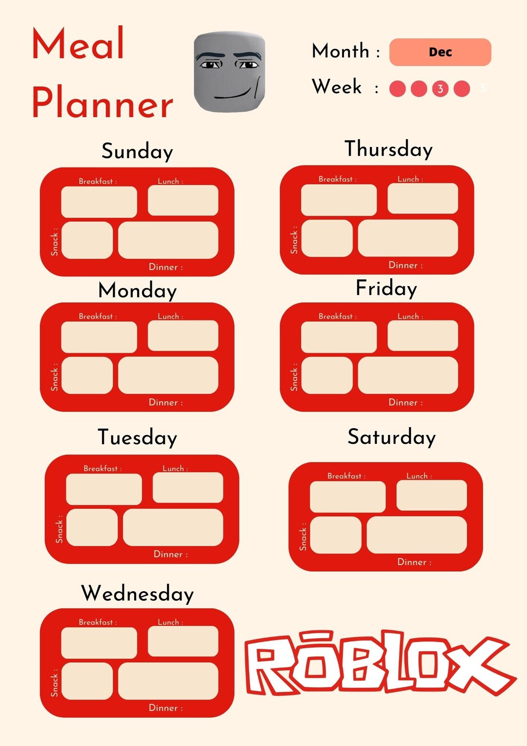 Roblox Meal Planner - Etsy Australia