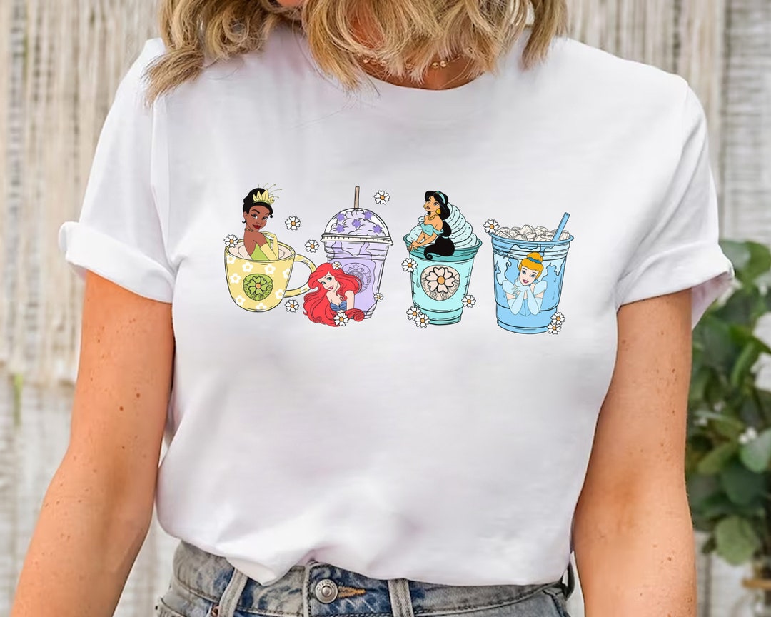 Disney Princess Characters Group Coffee Tea Shirt, Tiana Ariel Jasmine ...