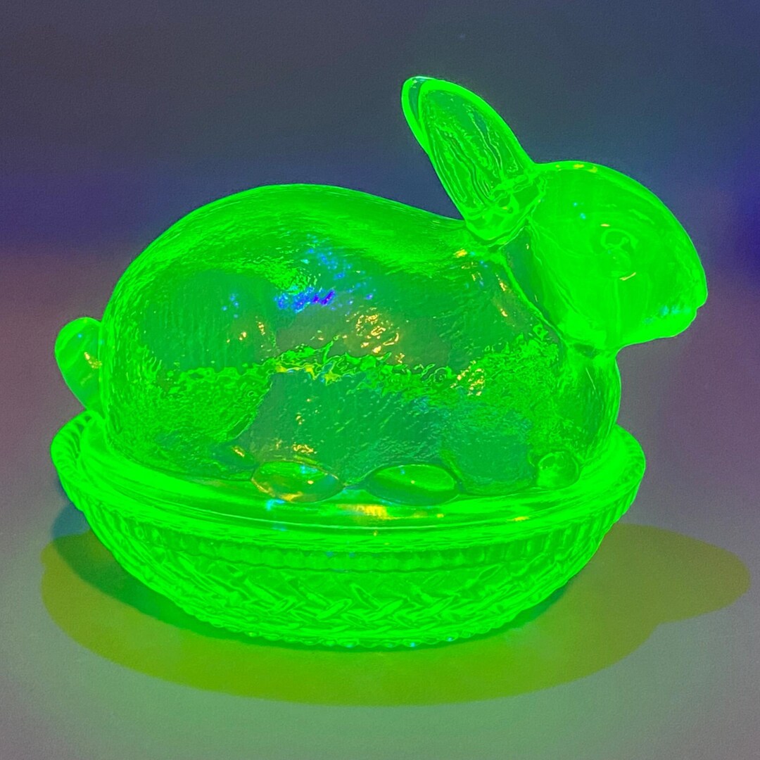 Wilkerson Imperial Mold Green Uranium Glass Bunny Rabbit on Nest Lidded ...