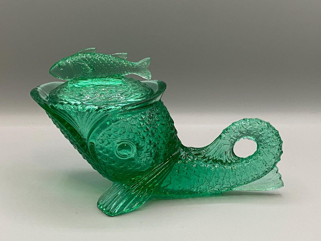 Vintage Kemple Glass Green Fish Dolphin Koi Covered Candy Dish MCM - Etsy