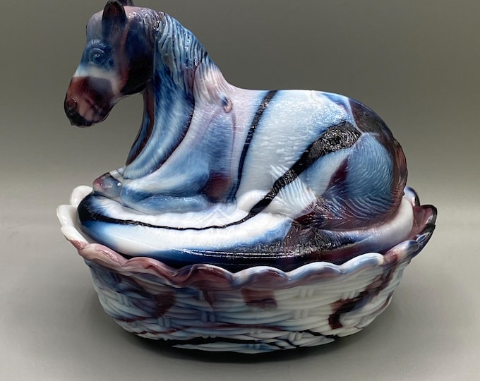 Vintage Purple Amethyst Slag Glass Horse on Nest Woven Basket Candy ...