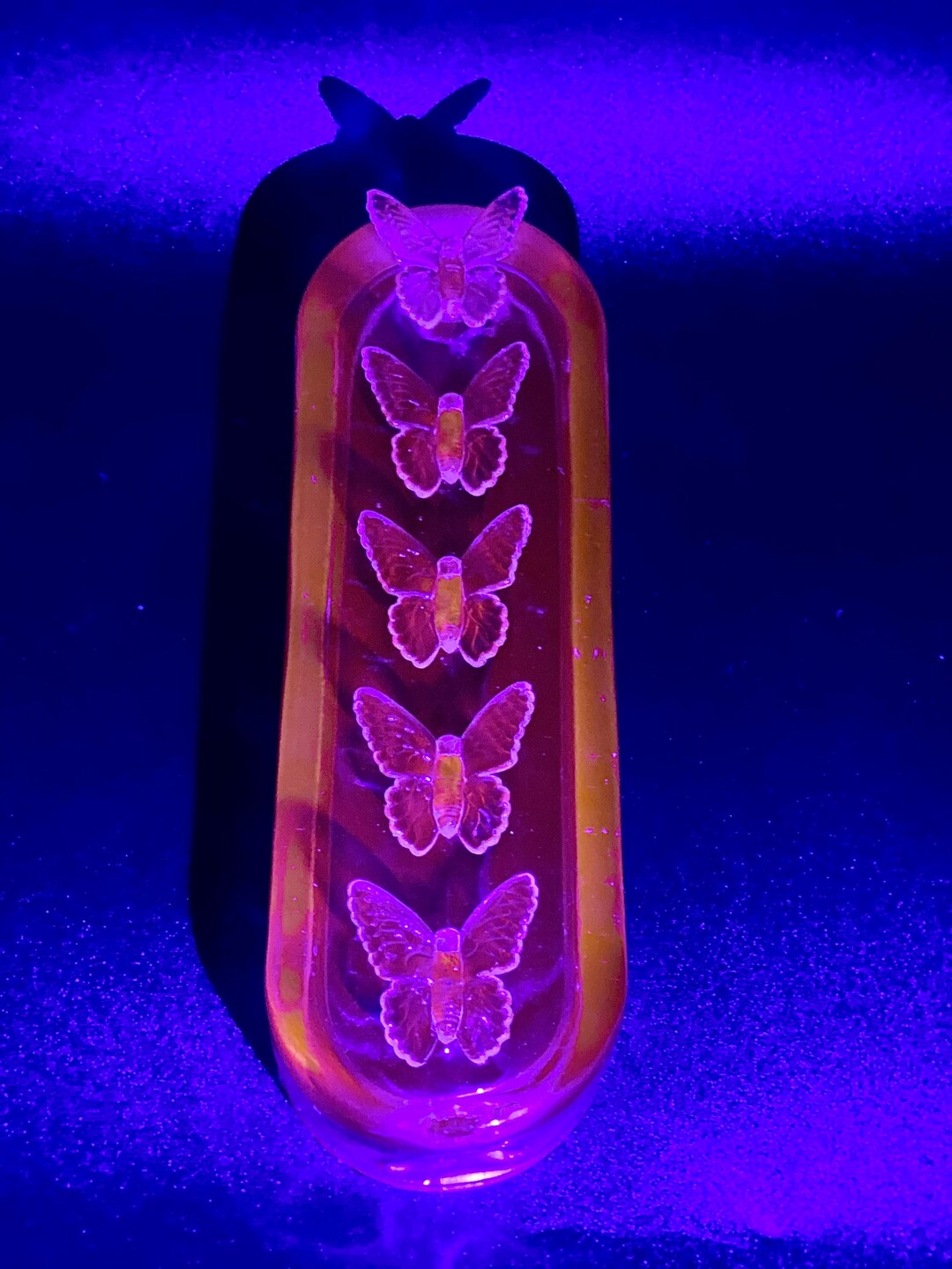 Blue Vaseline Glass Selenium Pink UV Glow Butterfly on Font - Etsy