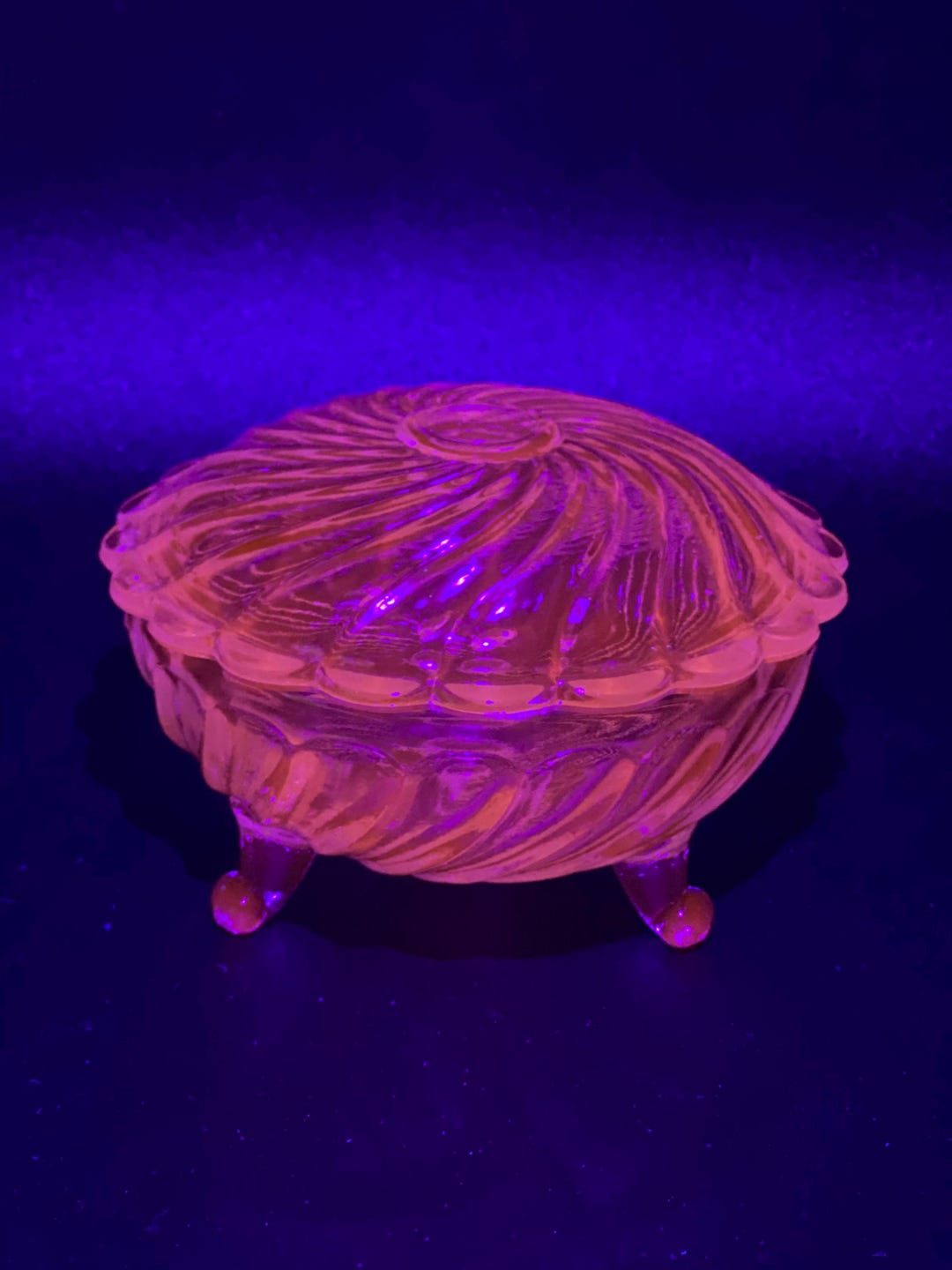 Blue Vaseline Glass Selenium Pink UV Glow Lidded Swirl Candy Dish ...