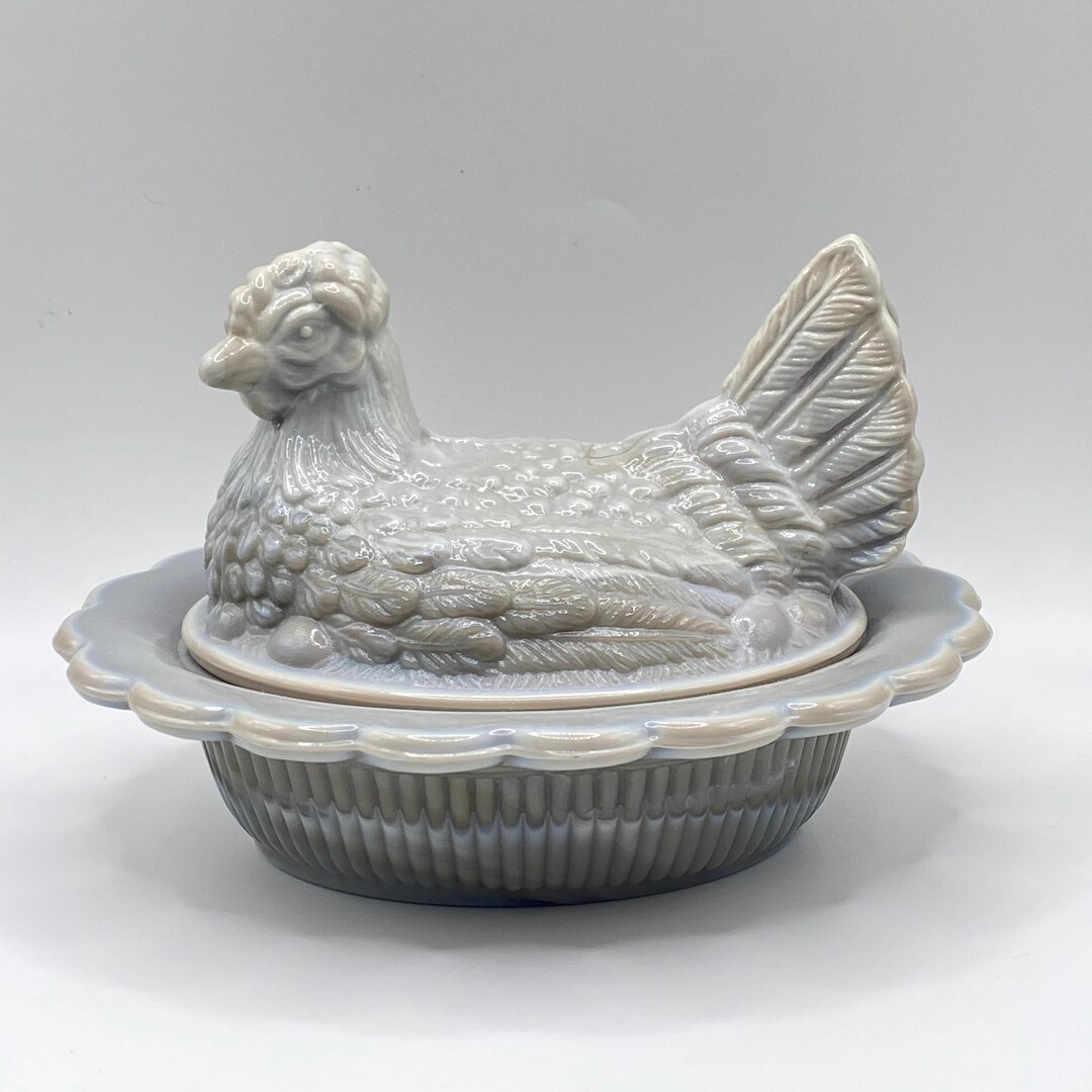 Vintage Mosser Gray Marbled Slag Glass Hen on Nest Lidded Chicken Dish ...