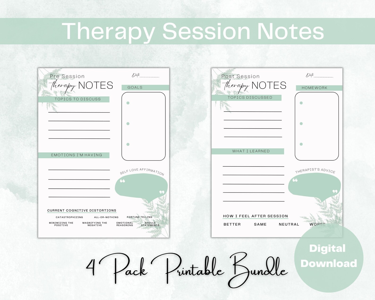 Therapy Pre & Post Session Fillable Notes in Sage Green, Helpful ...