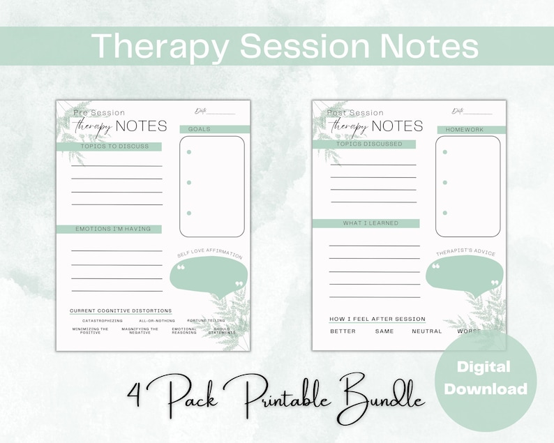 Therapy Pre & Post Session Fillable Notes in Sage Green, Helpful ...