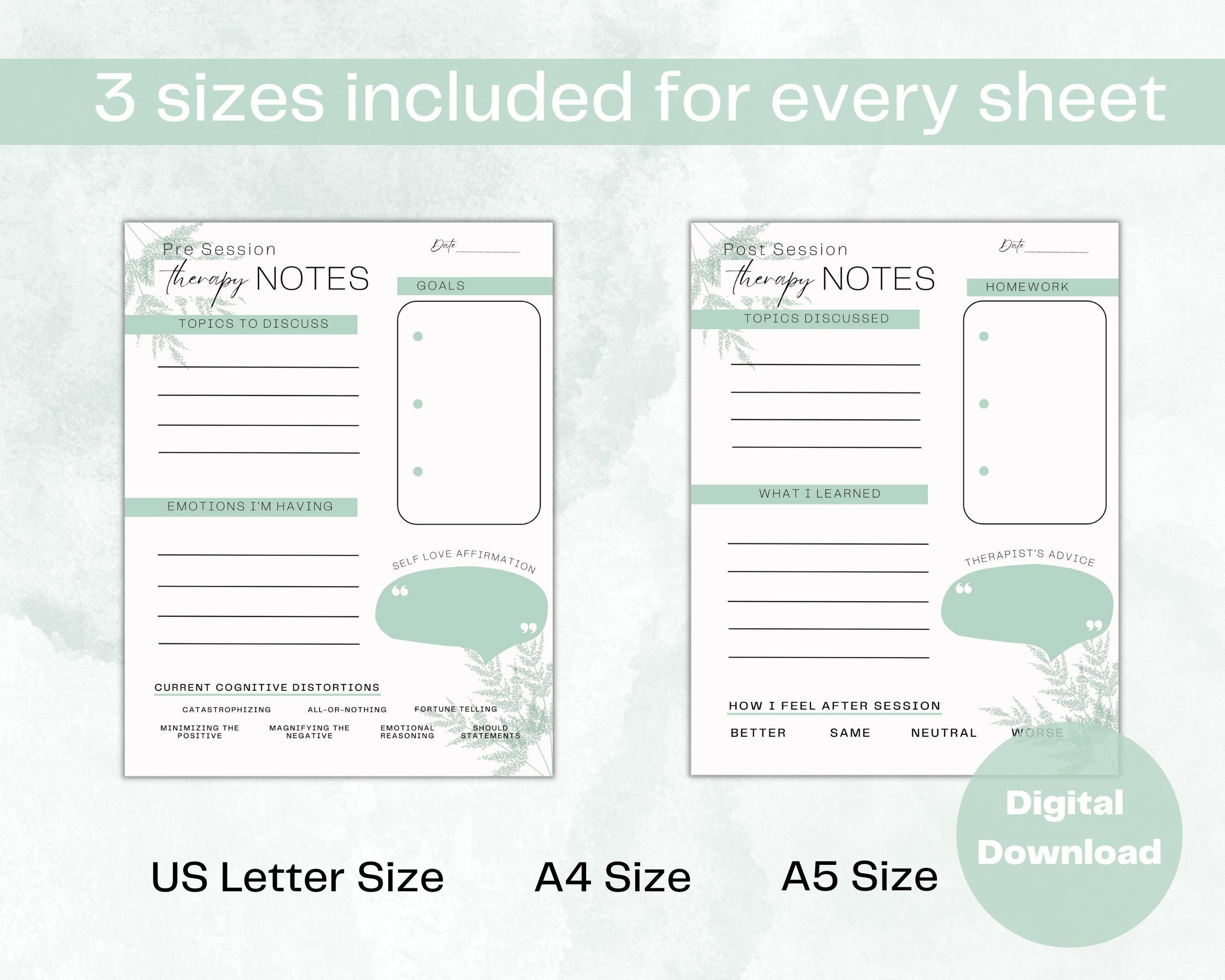Therapy Pre & Post Session Fillable Notes in Sage Green, Helpful ...
