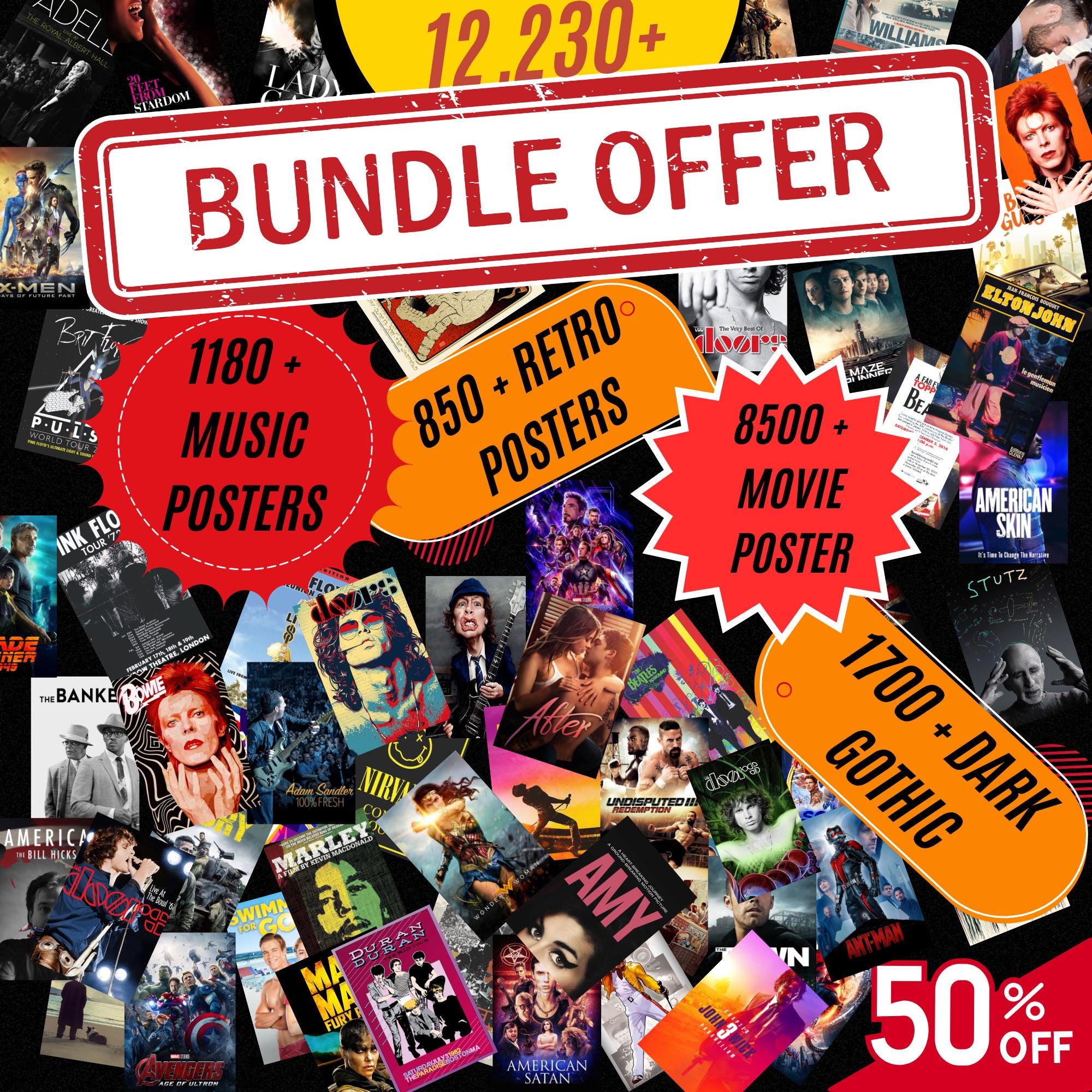 Vintage Music Posters Bundle, 12230+ Band Posters, Rock Concert Collage ...