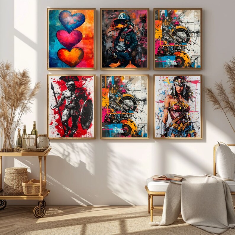 Iconic Graffiti Poster Set With Warrior Woman, Color Hearts and Neon ...