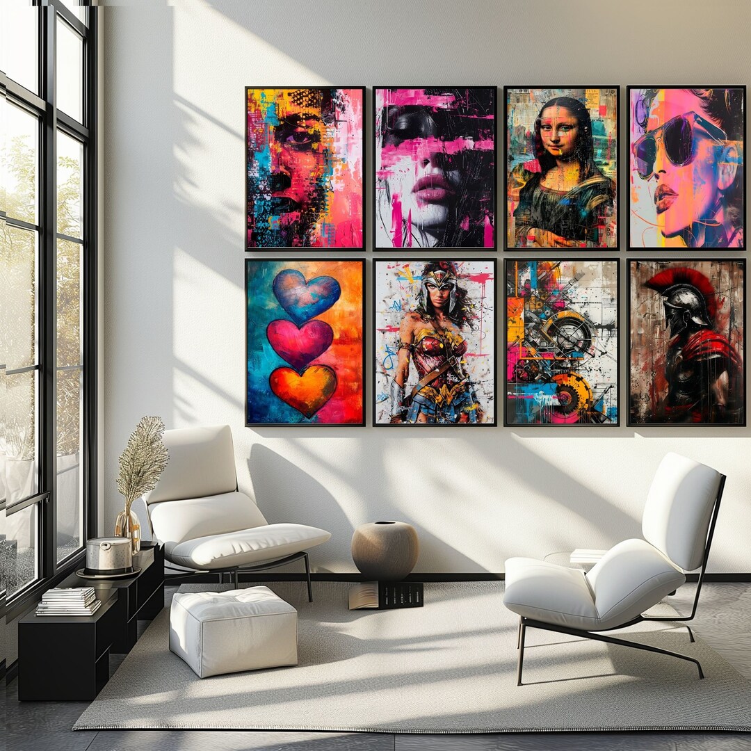 Iconic Graffiti Poster Set With Warrior Woman, Color Hearts and Neon ...