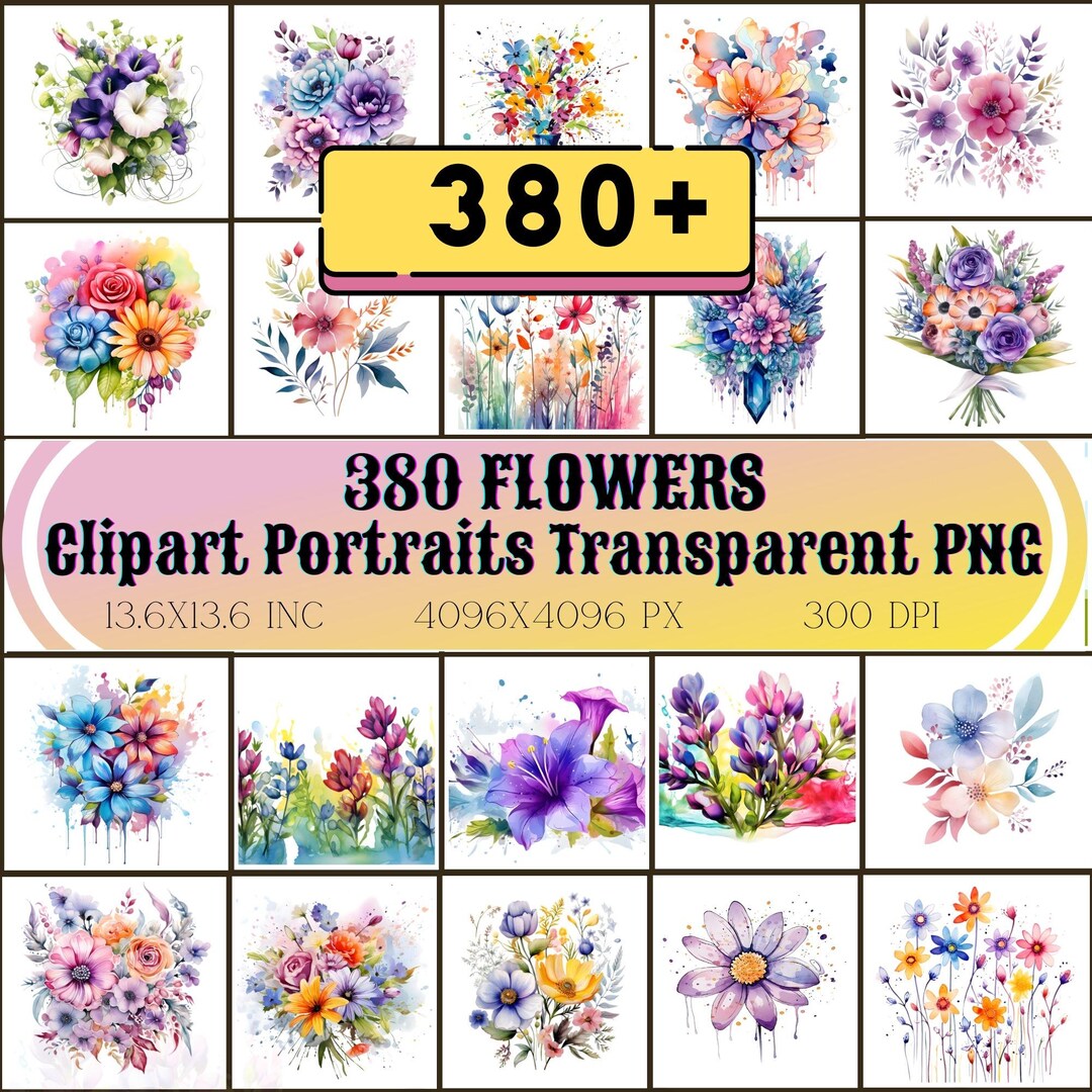 Watercolor Flower Clipart Bundle, 380+ Floral PNG Images, Transparent ...