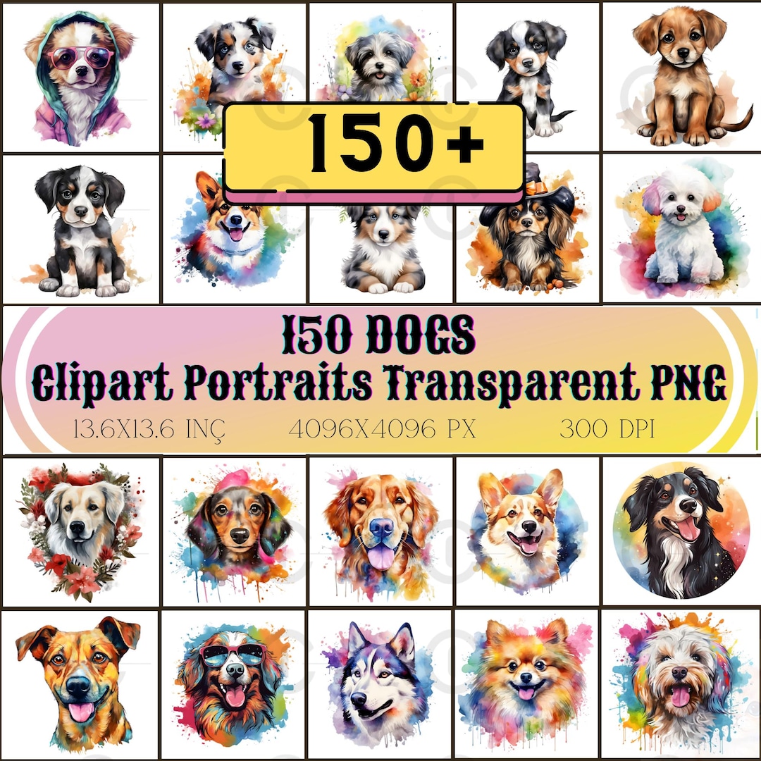 Watercolor Dog Clipart Bundle, 150+ Dog Portraits PNG, Transparent ...