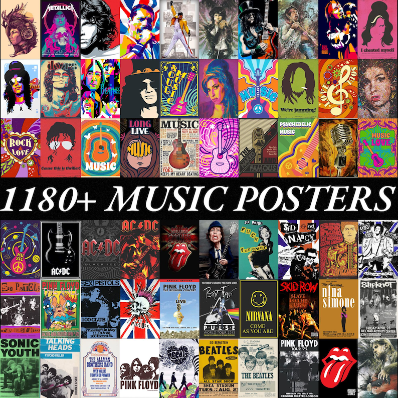 Vintage Music Posters Bundle, 12230+ Band Posters, Rock Concert Collage ...