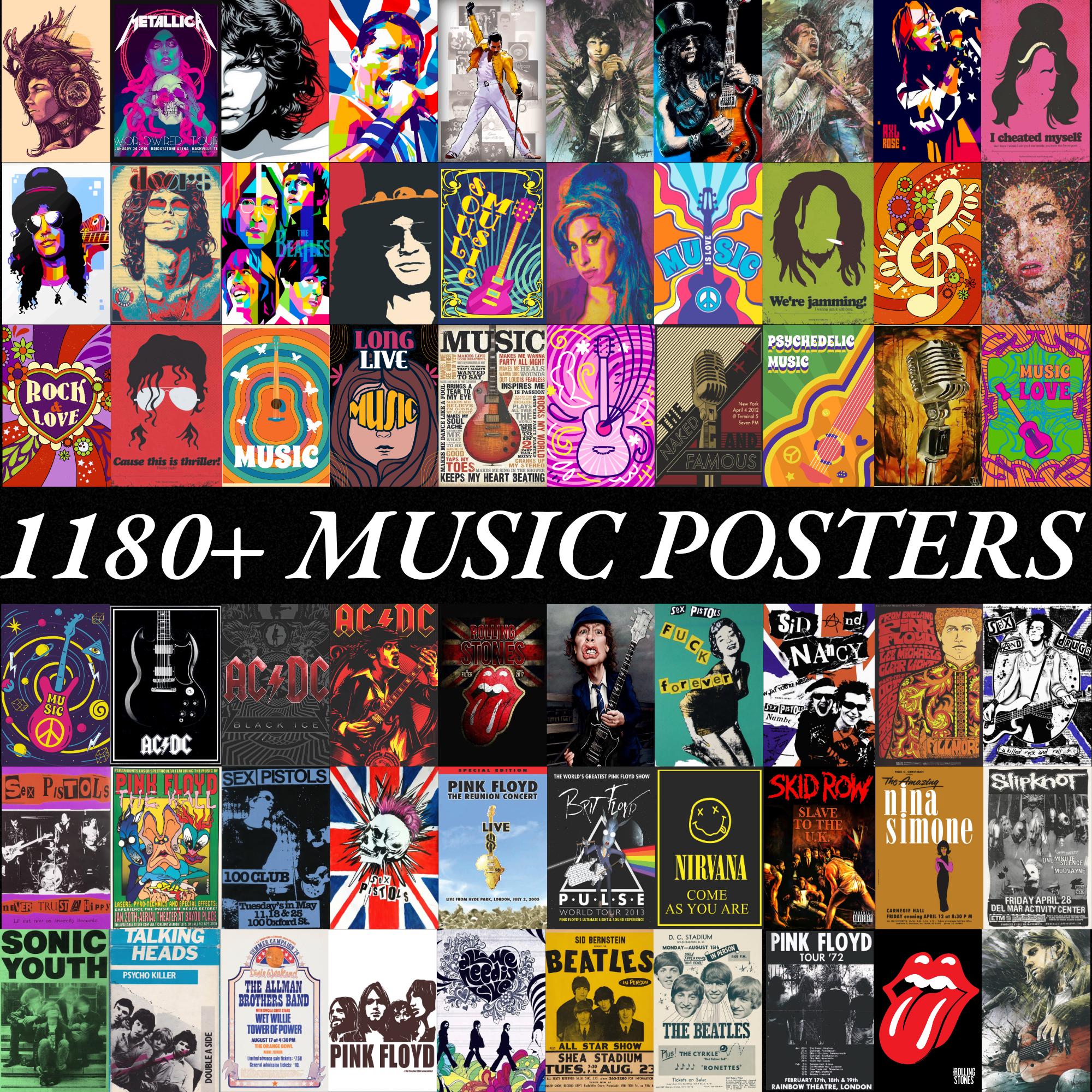 Vintage Music Posters Bundle, 12230+ Band Posters, Rock Concert Collage ...