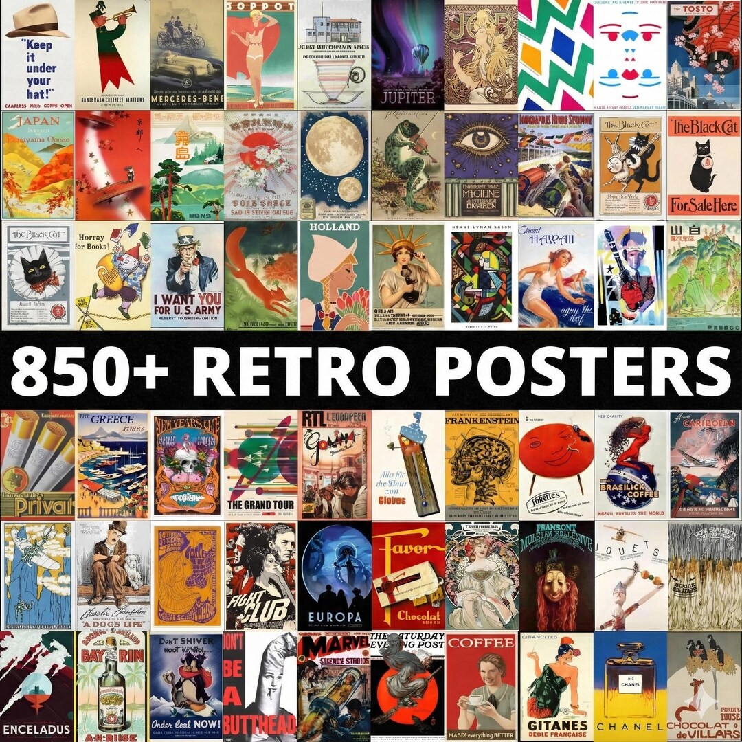 Retro Wall Art Poster Bundle 850+ Digital Retro Prints Vintage, Modern ...