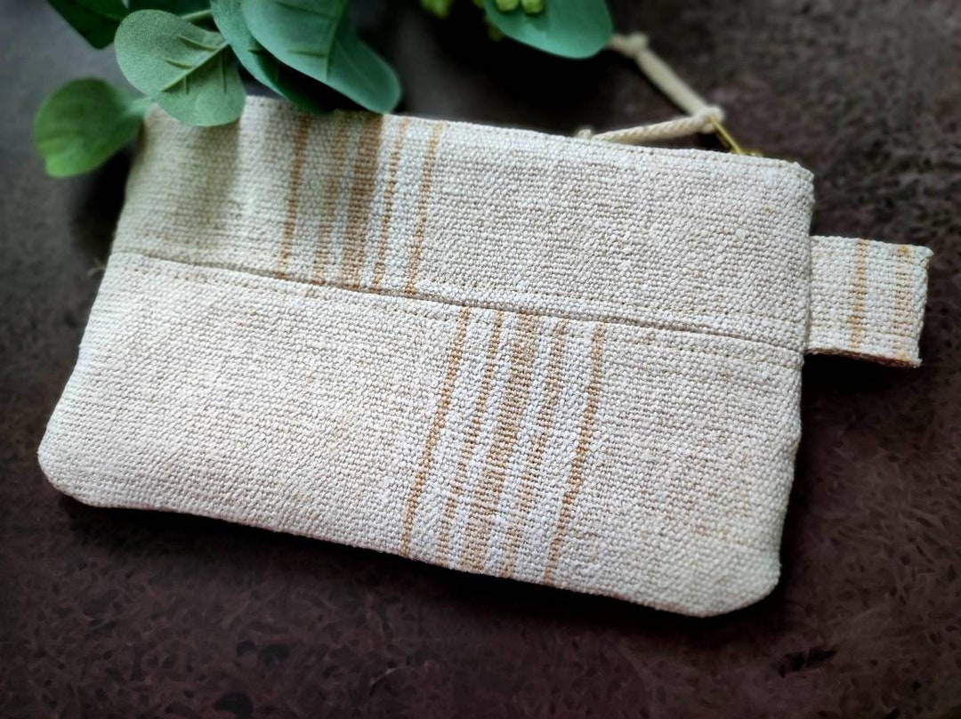Caramel Grain Sack Pouch Bag, Small Antique Ticking Fabric Purse P019 ...
