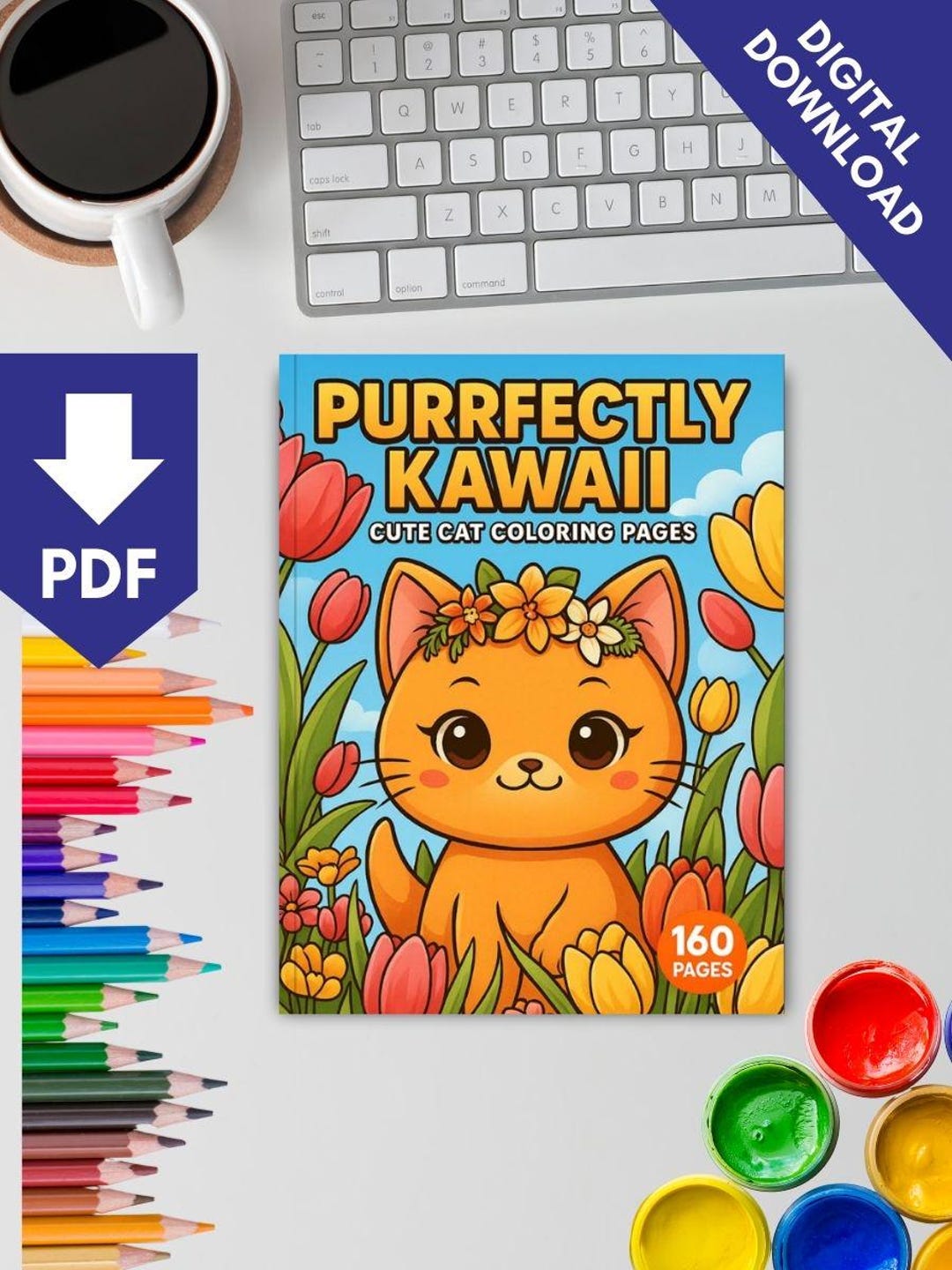 Kawaii Cat Coloring Book for Kids, 110 Over Cute Kitten Coloring Pages ...