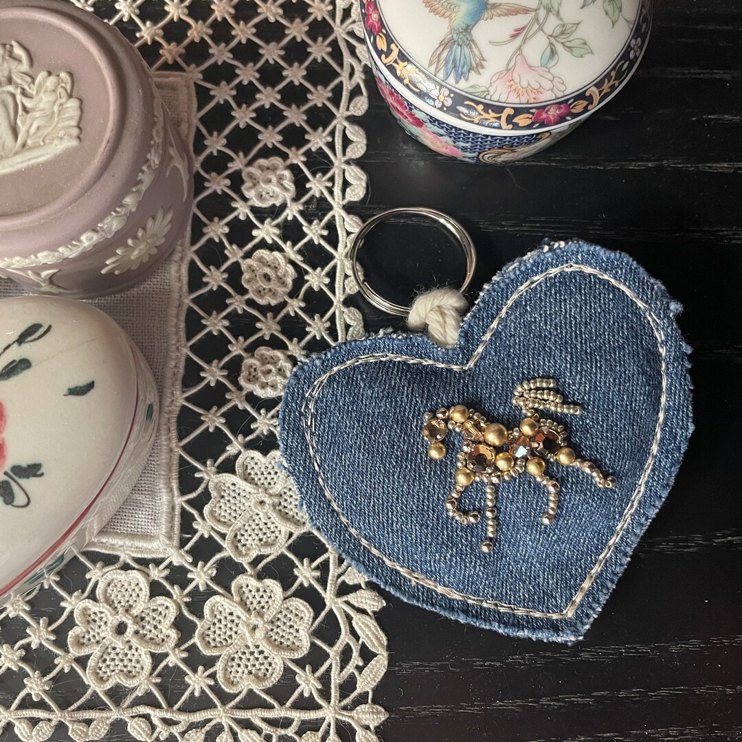 Horse Keychain Hand Embroidered Denim Upcycling - Etsy