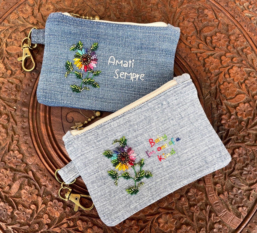 Rainbow Sunflower Coin Purse - Hand Embroidered - Upcycled Denim - Etsy