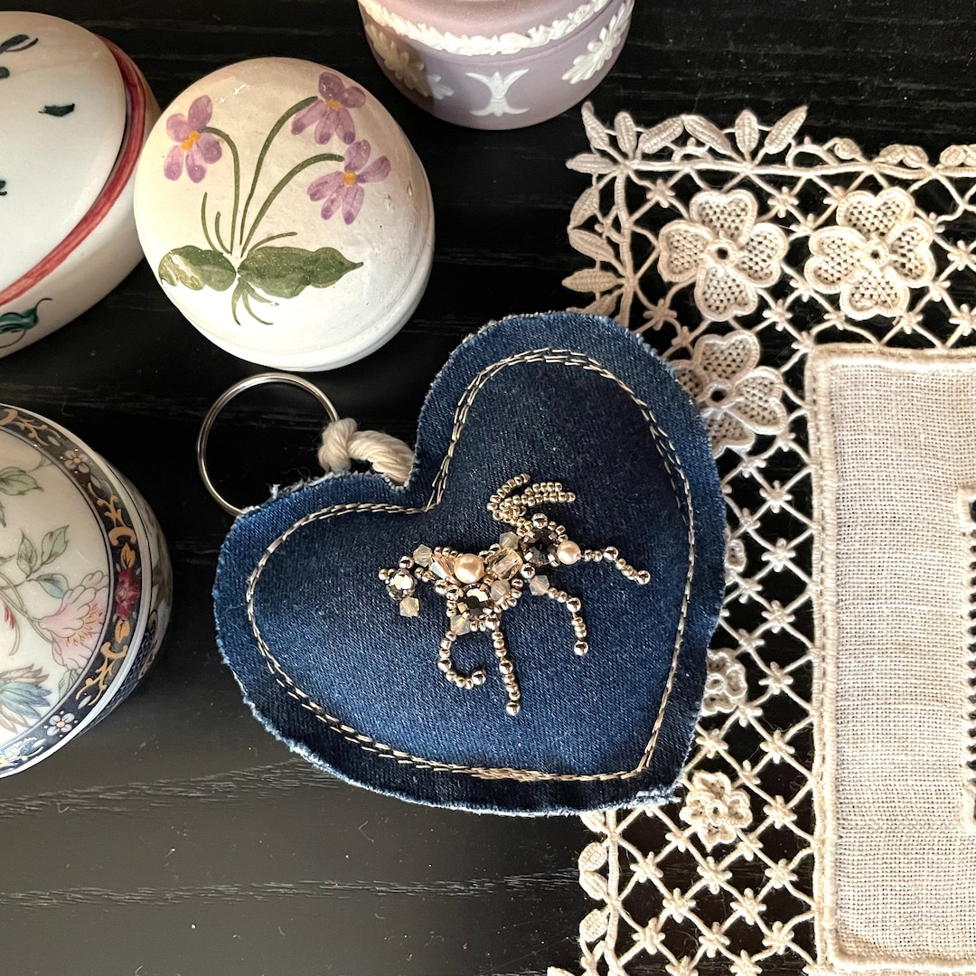 Horse Keychain Hand Embroidered Denim Upcycling - Etsy